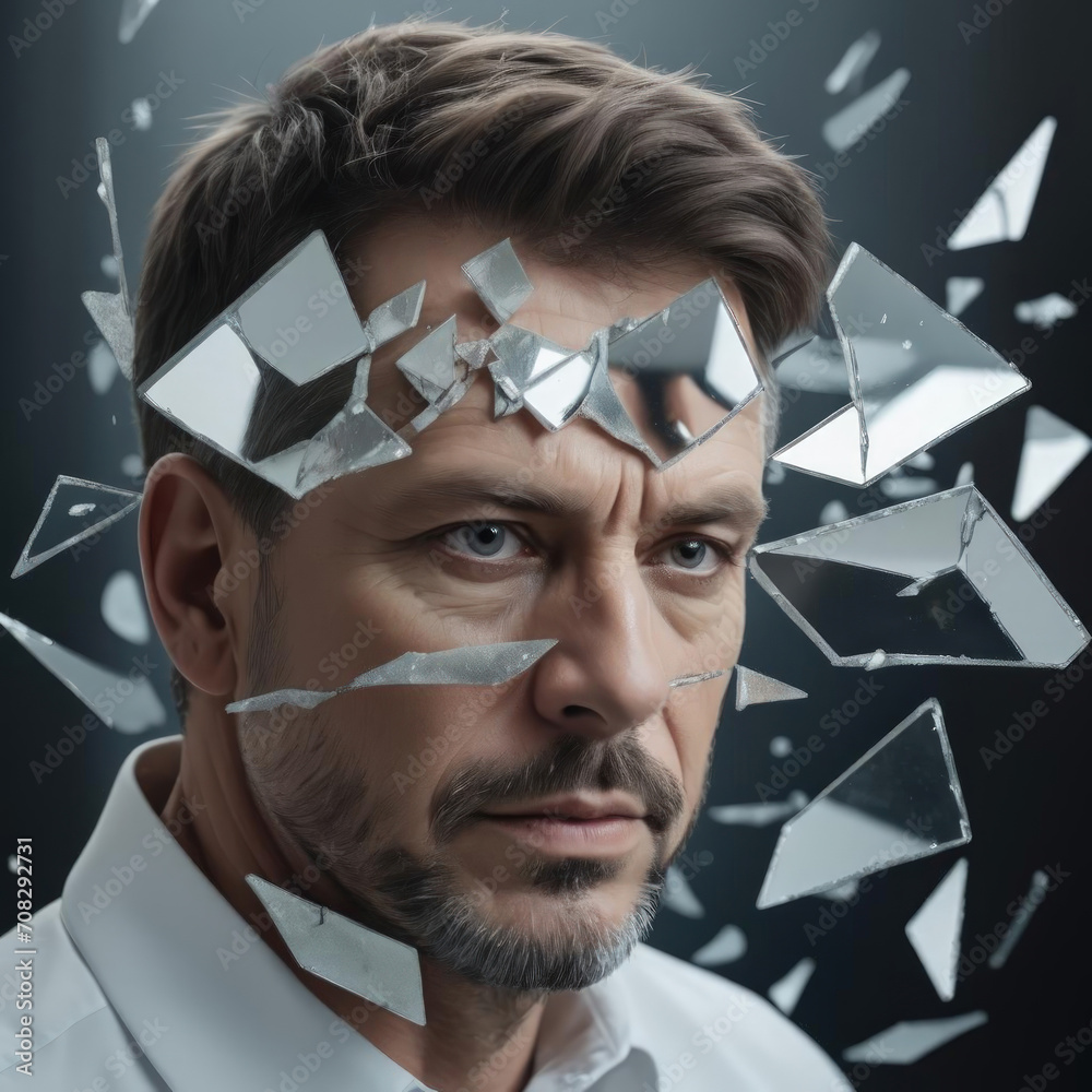 Shattered Reality - Close-up portrait of a man under the influence with ...