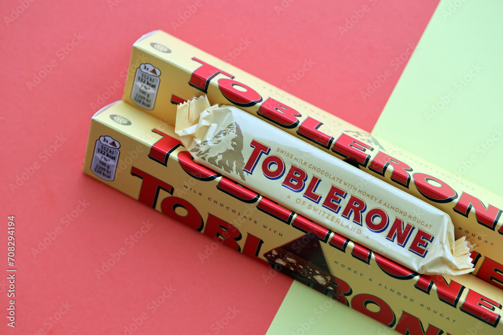 KYIV, UKRAINE - OCTOBER 31, 2023 Yellow Toblerone Chocolate Bar ...