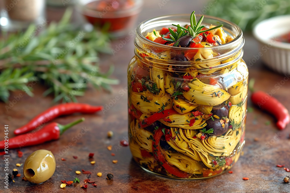 A jar filled with marinated artichoke hearts, Kalamata olives, and ...