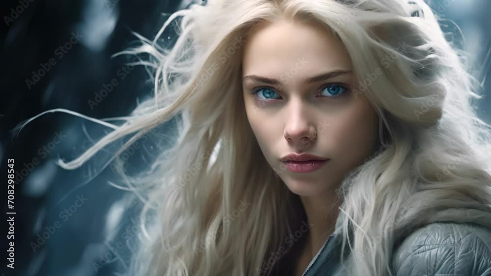 Vidéo Stock Long, icy blonde locks cascade across a face carved with a ...