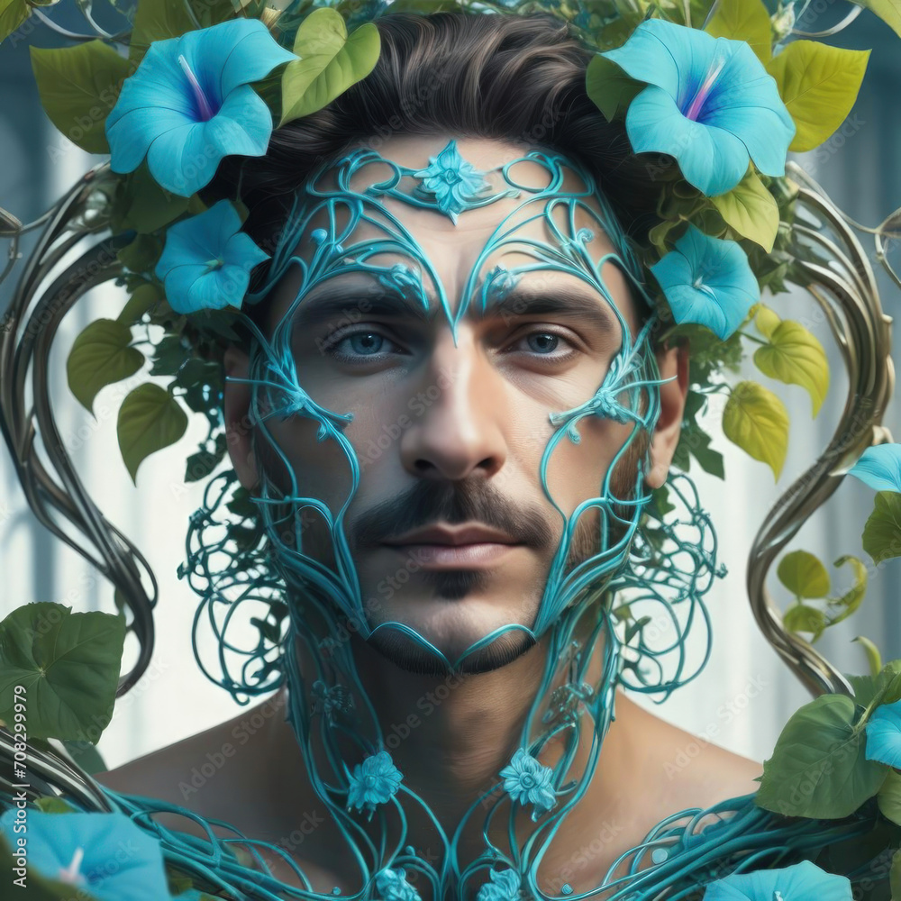 Portrait of a Man with Twisting Vines and Blooming Morning Glory Faces ...