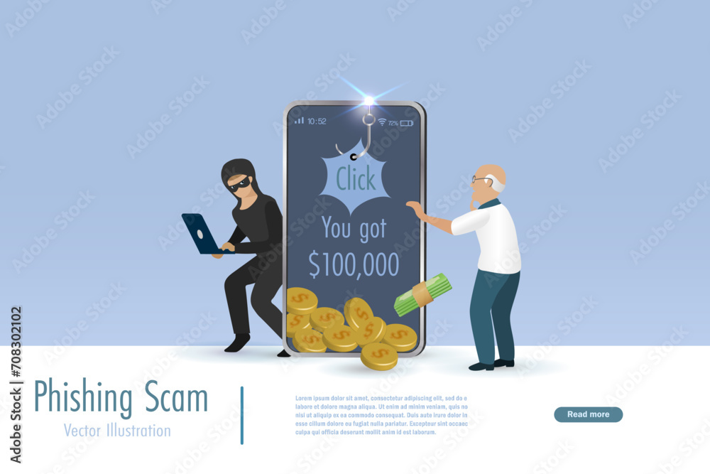Hacker online phishing, scam fraud link on smartphone at senior man ...