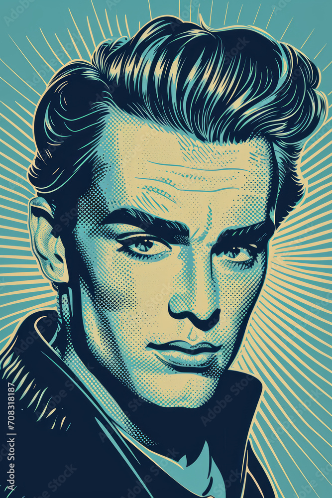 Front facing headshot of a actor in the style of 1950s pop art, a retro ...
