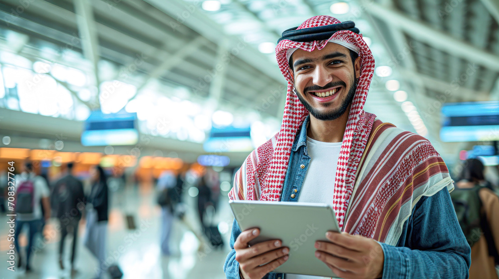 Travelling Arabic man inside airport wearing traditional kandora thawb ...