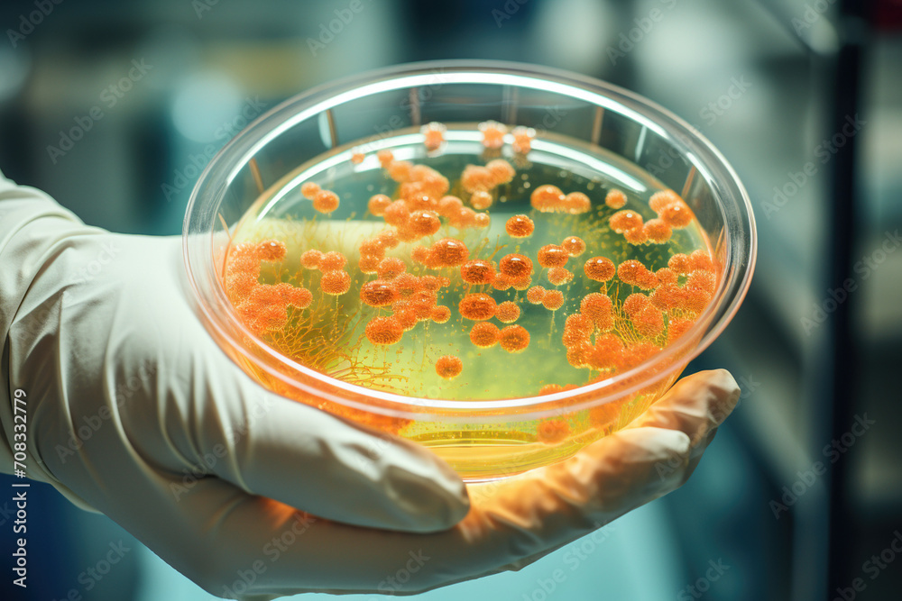Petri dish with bacteria on hands of medical scientist researcher in ...