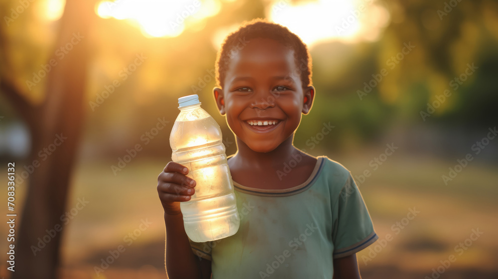 Smile african child holding plastic water bottle, happy childhood ...
