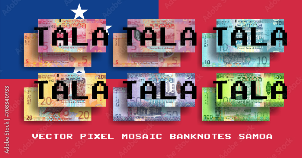 Vector set of Samoan pixel mosaic banknotes. Samoa. Collection of notes ...