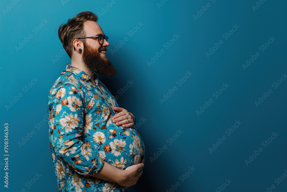 Happy pregnant transexual man with beard expectant trans father on blue ...