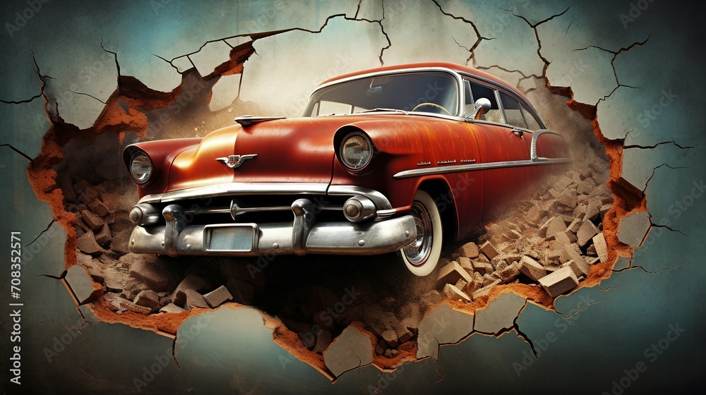 3d wallpaper design with a classic car jumping out of broken graffinti ...