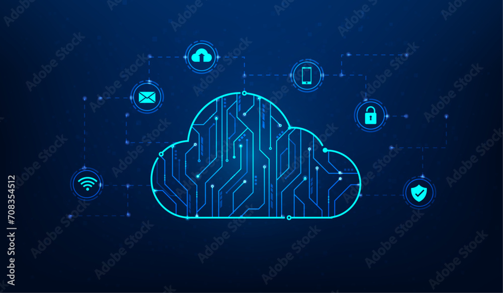 Vecteur Stock cloud computing information technology circuit with icon on blue background. data ...