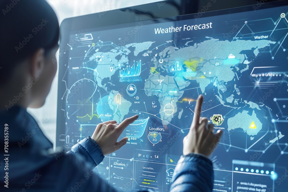 Modern Interactive Weather Forecast Dashboard. A person interacts with a high-tech weather ...