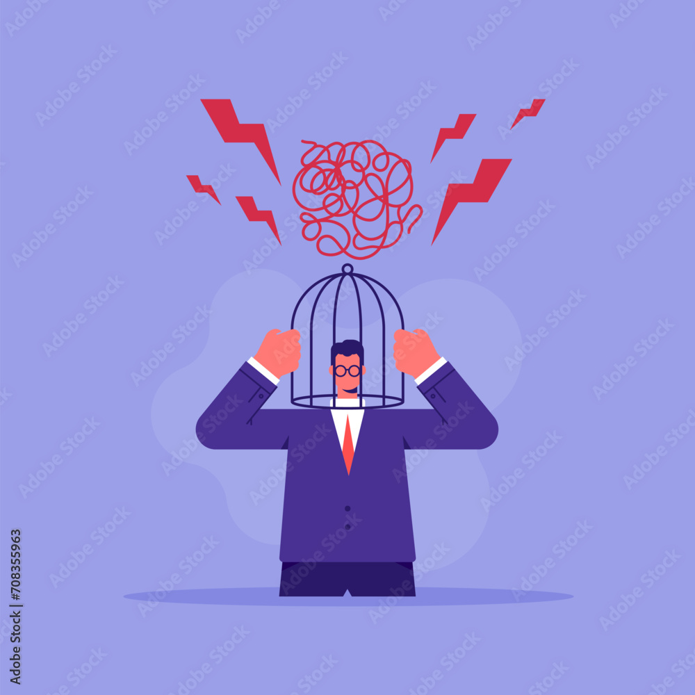 Chaos of disordered thoughts concept, cage on man head. Problems with ...
