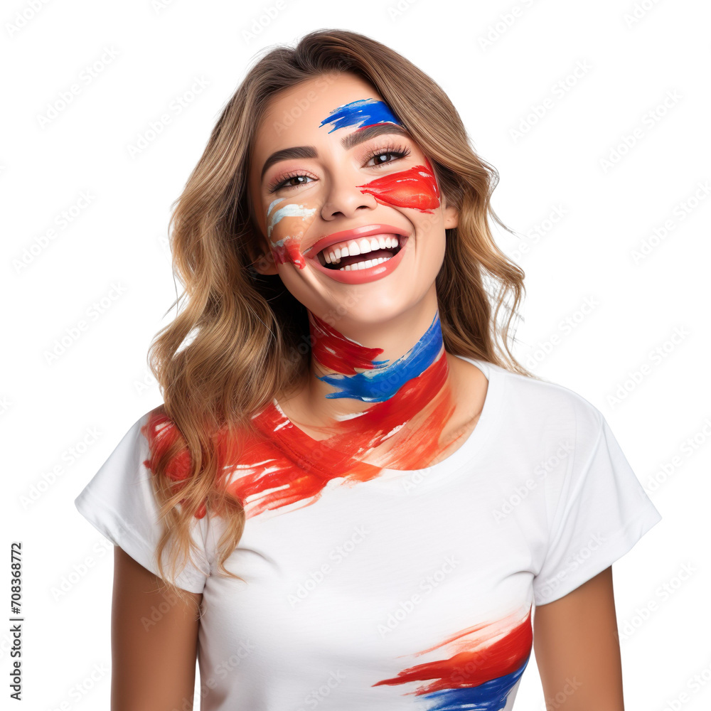 front view of a beautiful woman with her face painted with a Chile flag ...