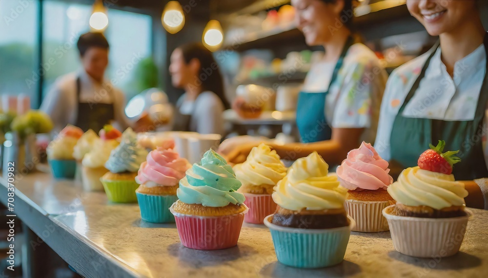 Patrons in a sleek coffee shop, with a focus on the Cake to go counter ...