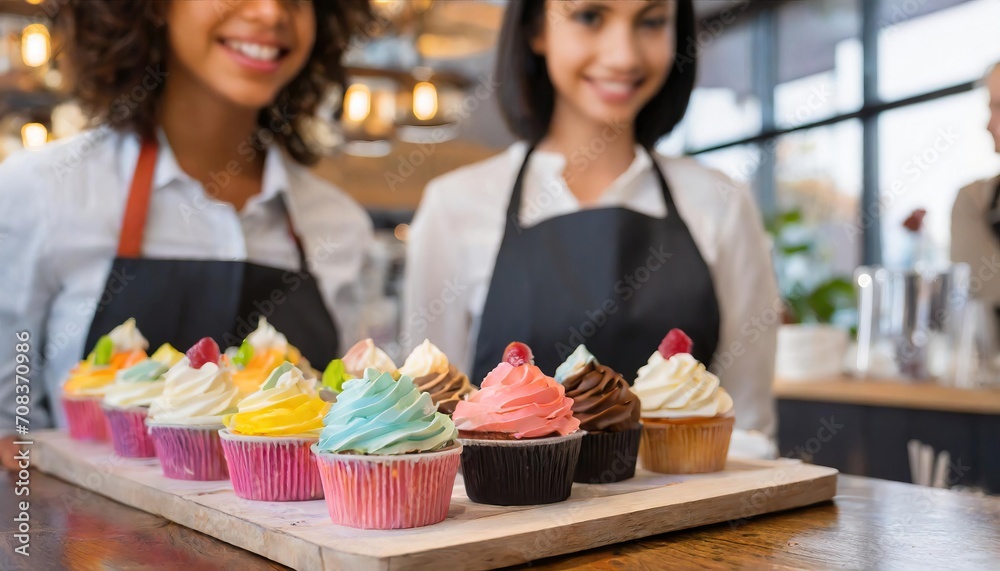 Patrons in a sleek coffee shop, with a focus on the Cake to go counter ...