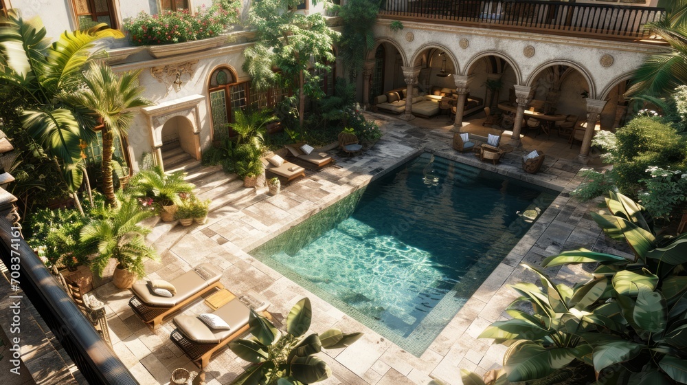 Elevated view of a courtyard pool with a traditional house, classic ...