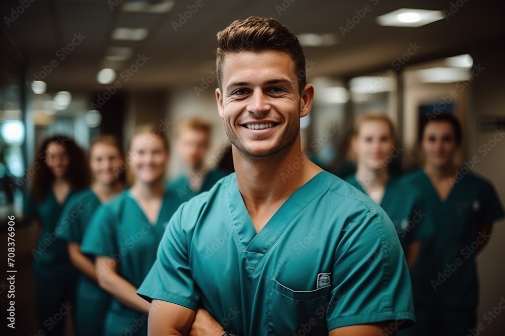 Confident male nurse with arms crossed in front of a group of female ...