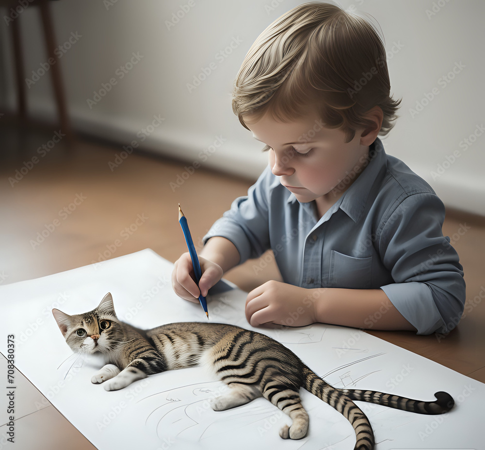little child playing with cat drawing on white note book of Kura the ...