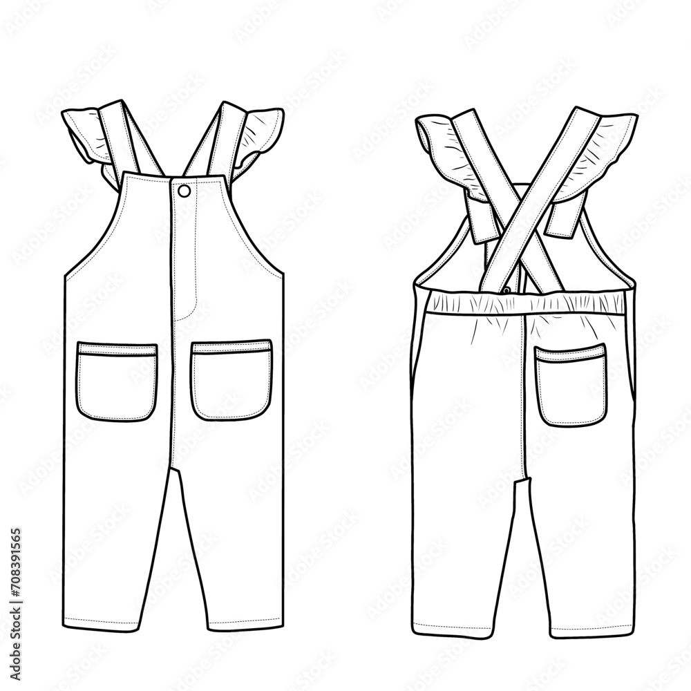 Dungarees for baby flat sketch illustration. Front and back view ...