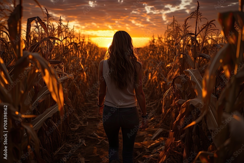 Woman in cornfield, back view, Girl is standing in the field and ...