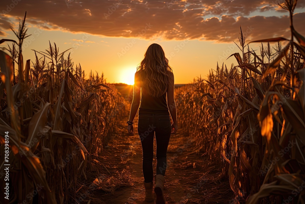 Woman in cornfield, back view, Girl is standing in the field and ...