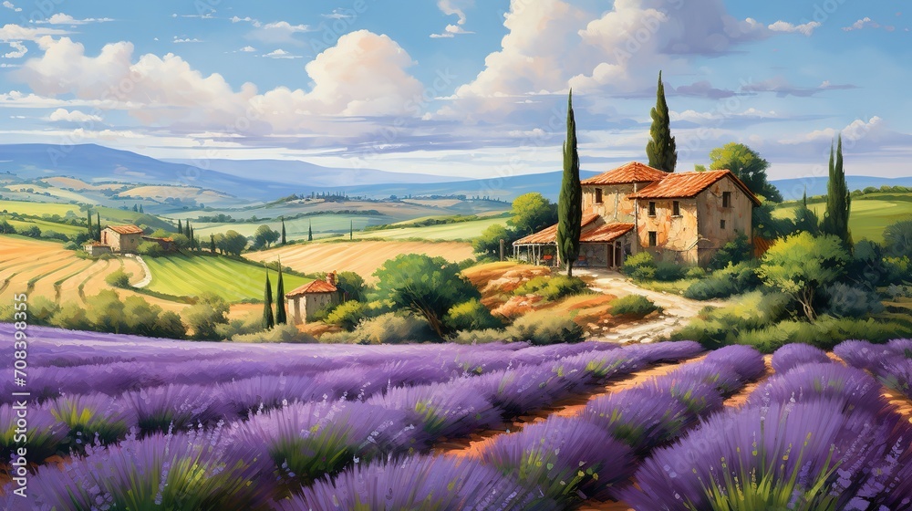 Idyllic landscape painting of a rustic countryside home amidst lavender ...