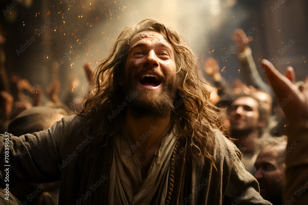 Jesus Christ smiling and offering his hand in blessing backlit in ...