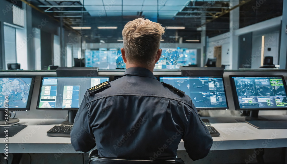 security guard scans multiple displays from a secure desk in a control ...