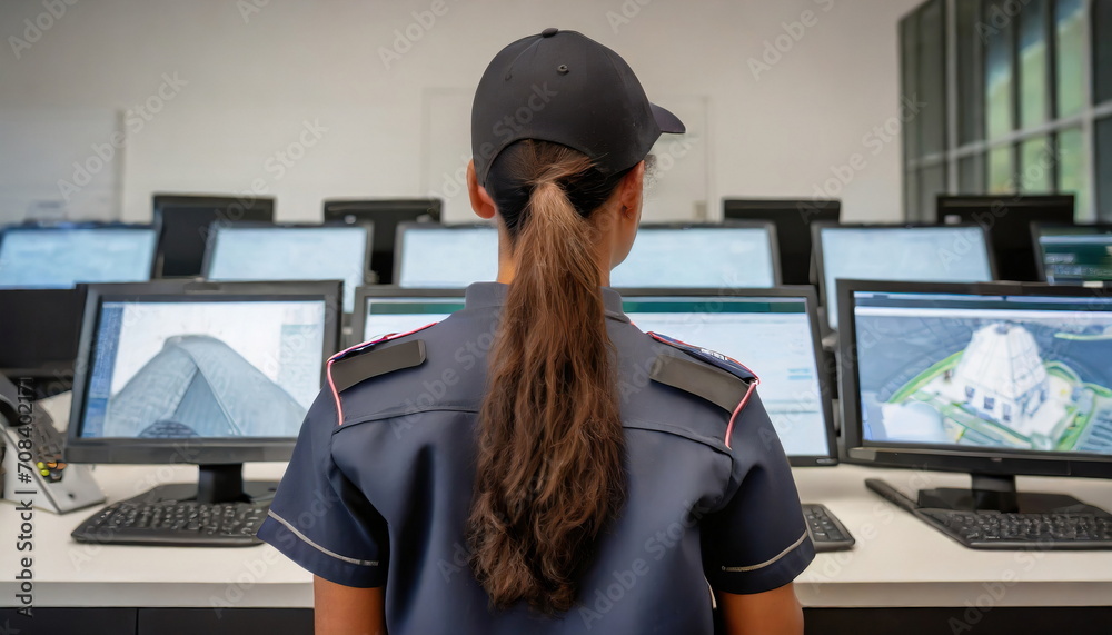 security guard scans multiple displays from a secure desk in a control ...