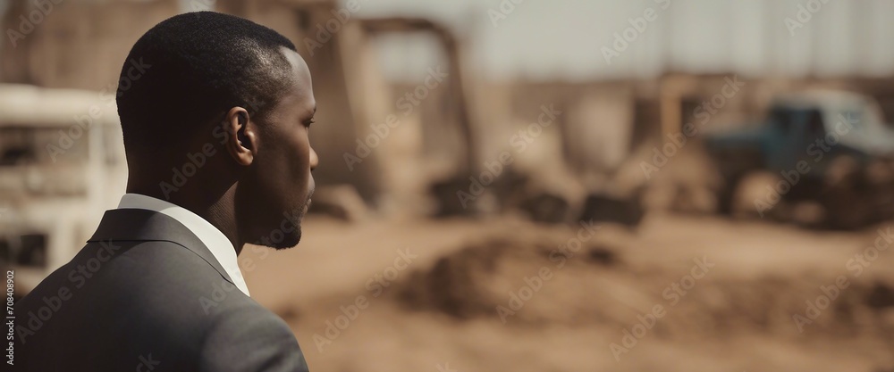 Black man in suit, seen from behind, looking at a construction site in ...