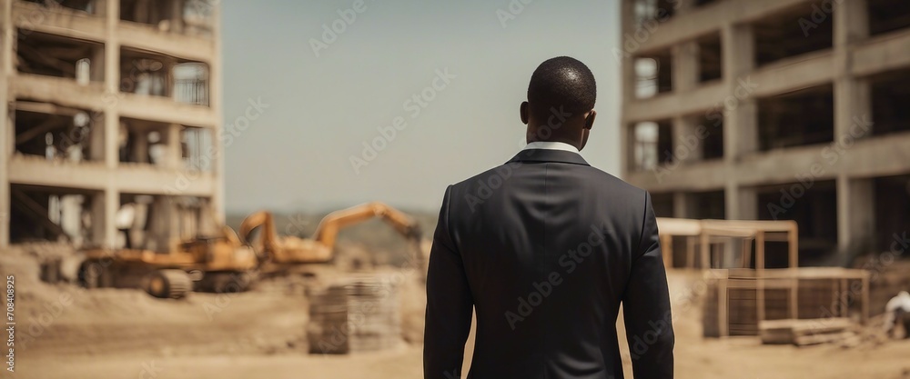Black man in suit, seen from behind, looking at a construction site in ...