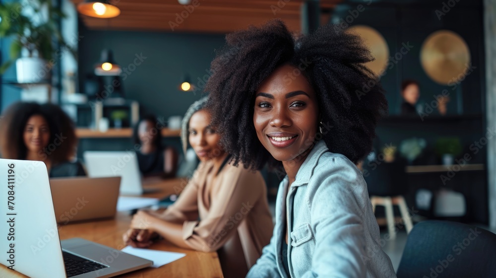 Group of African American employees or small business owner start-up looking camera working with ...