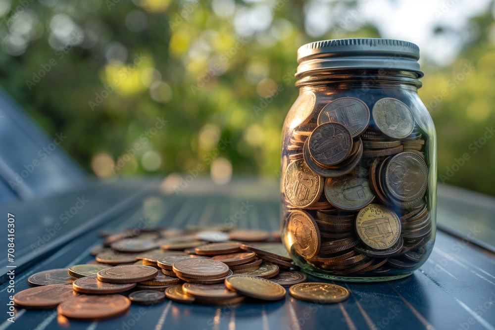 Bank of coins on solar panels against a forest background.Economic ...