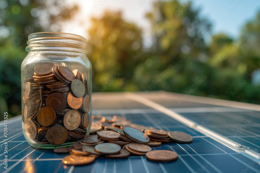 Bank of coins on solar panels against a forest background.Economic ...