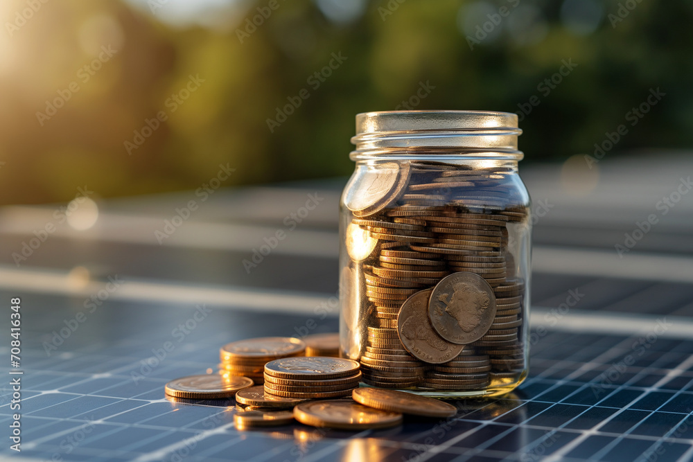Bank of coins on solar panels against a forest background.Economic ...