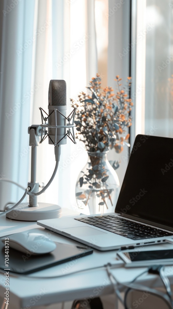 Professional podcast studio setup with a microphone and laptop on a ...