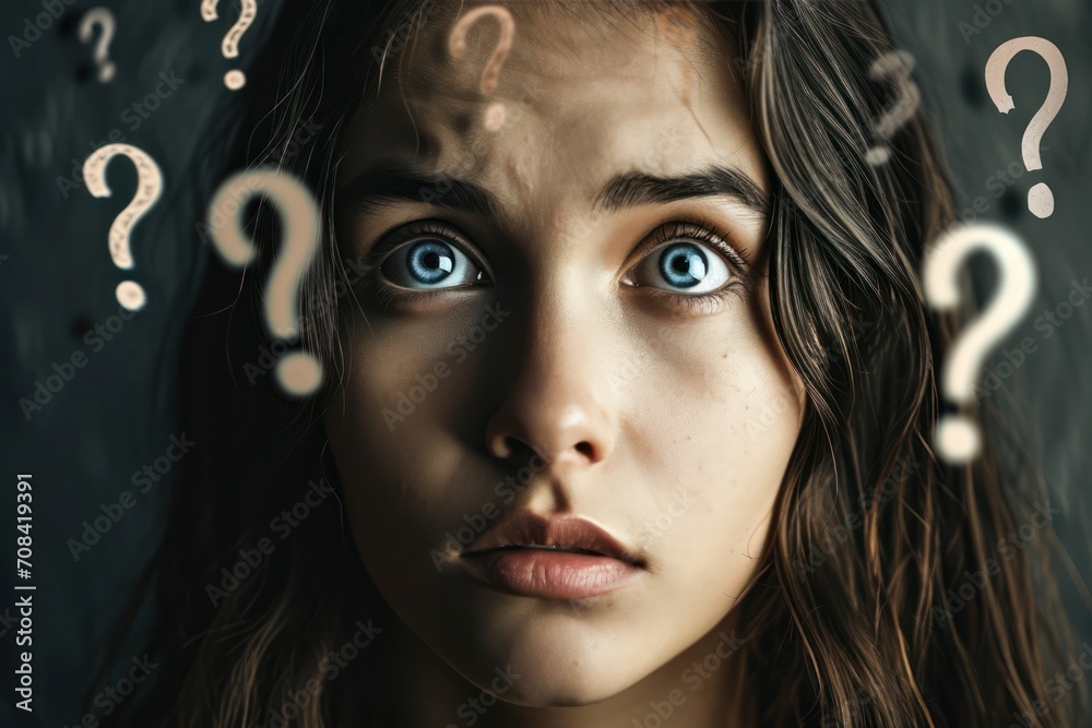 Young girl with piercing blue eyes surrounded by floating question ...