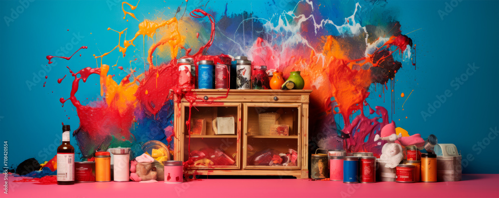 Bright splashes of paint in different colors behind a collection of ...