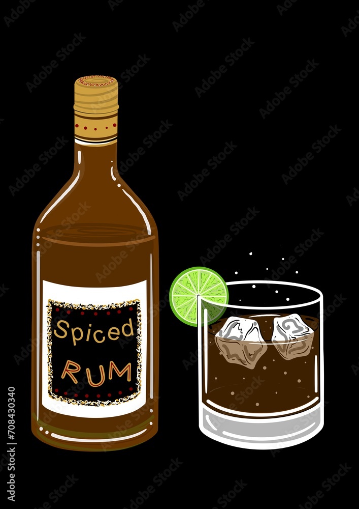 Cartoon style spiced rum bottle illustration. Rum bottle alongside a ...