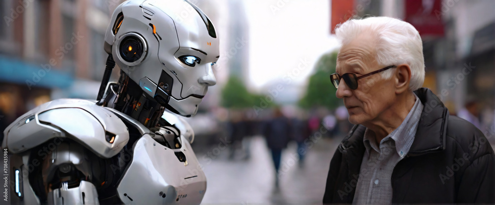Elderly people and robots live side by side, robot helps an elderly man ...