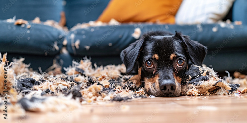 Naughty dog looking into camera innocently lying on floor made a mess ...
