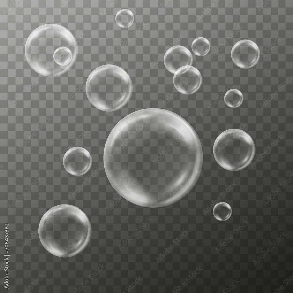 Realistic 3d water bubbles with light reflections on transparent ...