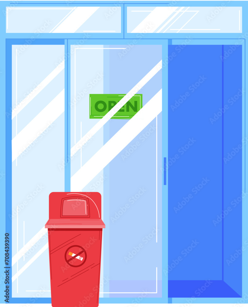 Red trash bin in front of a glass entrance door with an open sign ...