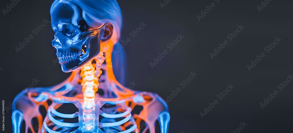 x ray of human neck pain anatomy, woman with scanned burning skeleton ...