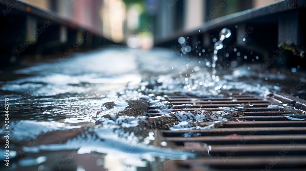 A stream of water flowing into a drainage grate on the street of a city ...