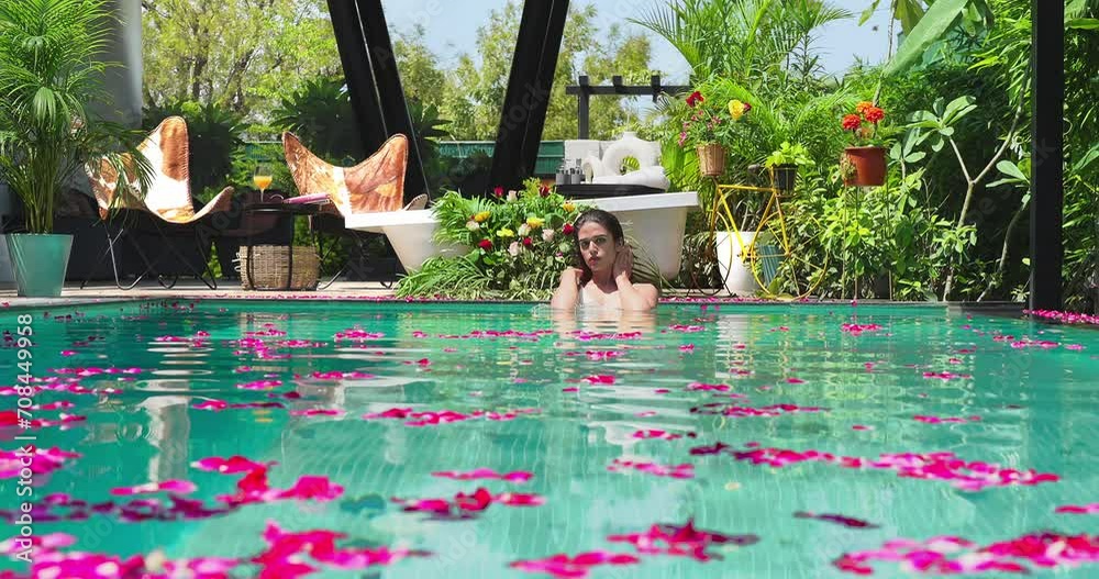 Asian Indian Happy young adult woman lady in pool enjoy fun joy sunny ...