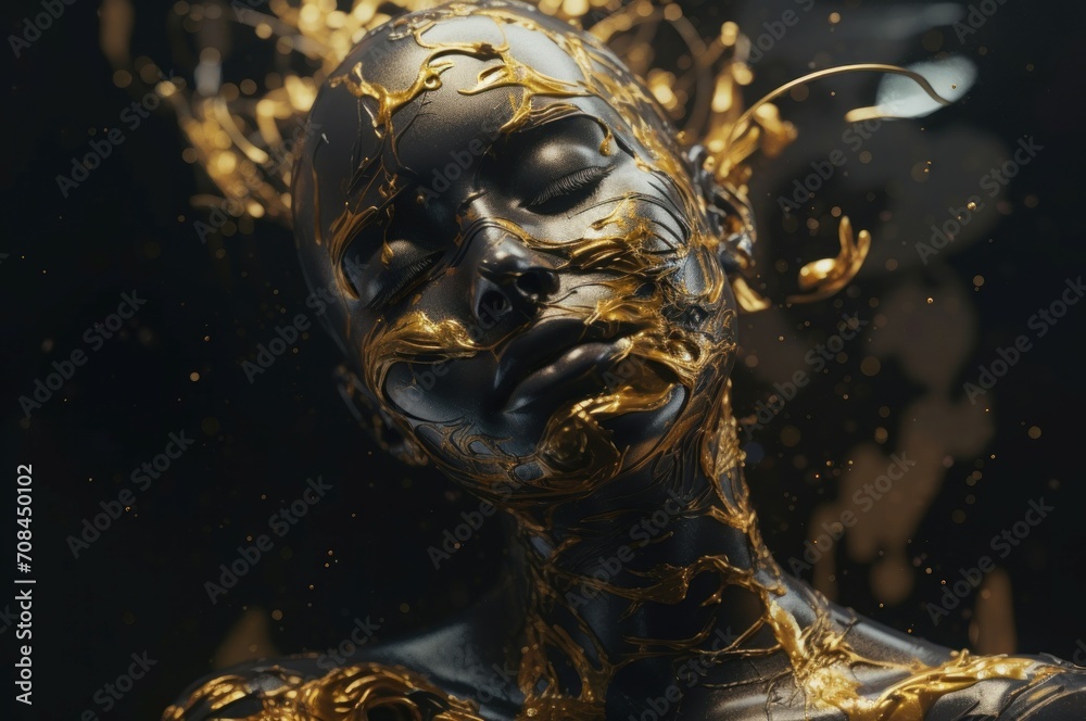 Black gold gleaming woman mannequin. Aesthetic somber golden artistic ...