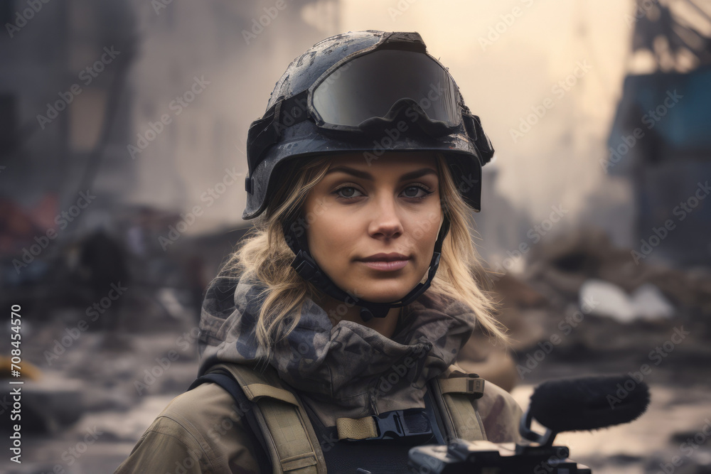 A female military correspondent in a helmet and bulletproof vest is ...