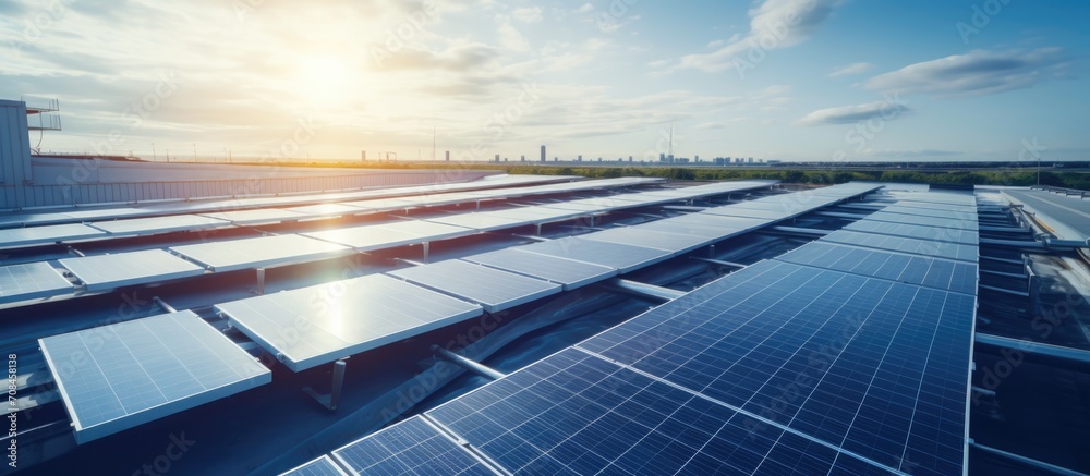 Photograph of blue sunlight-colored solar panels on a company's rooftop ...