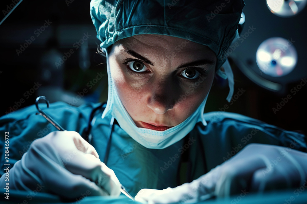 close up portrait of a female surgeon, 40s, eyes narrowed in ...